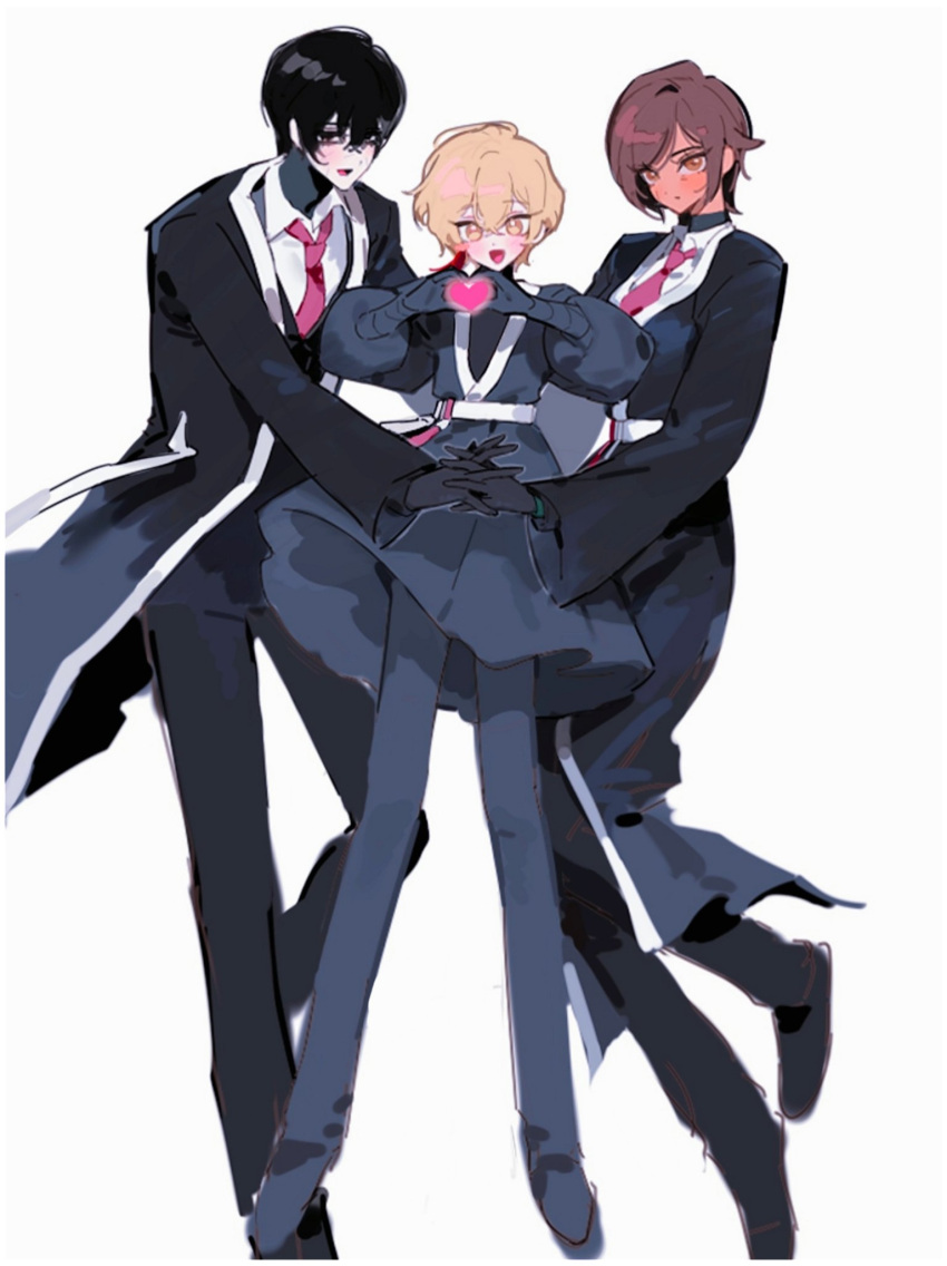 Safebooru - 1girl 2boys arm wrap black coat black eyes black footwear ...