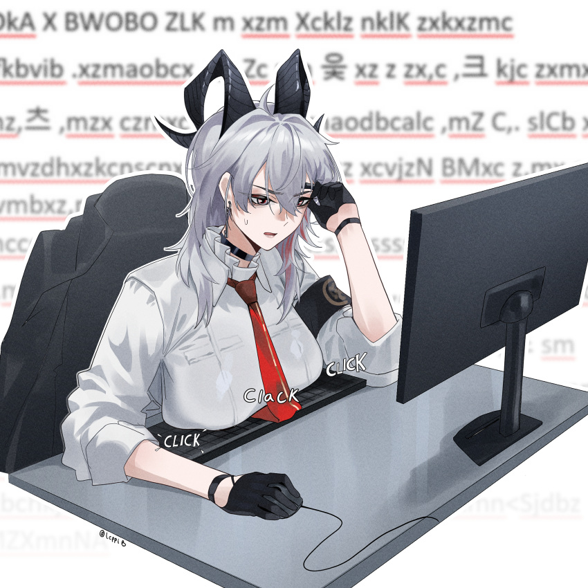 Safebooru - 1girl absurdres black choker black gloves black horns black jacket breast press ...