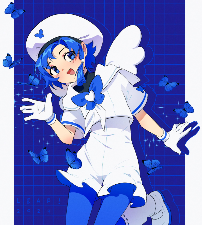 Safebooru - 1girl animal print beret black undershirt blue background blue eyes blue pantyhose ...