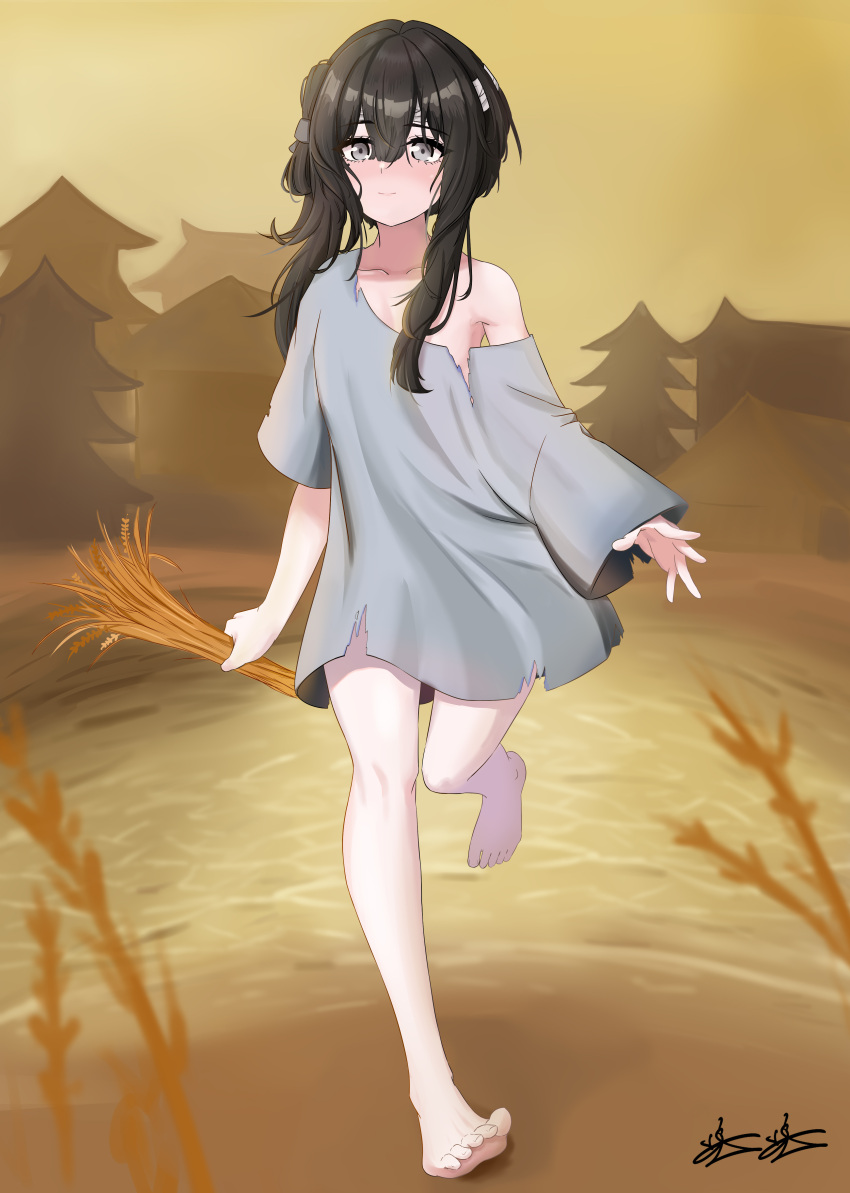 Safebooru - 1girl absurdres alternate costume barefoot black hair blush ...