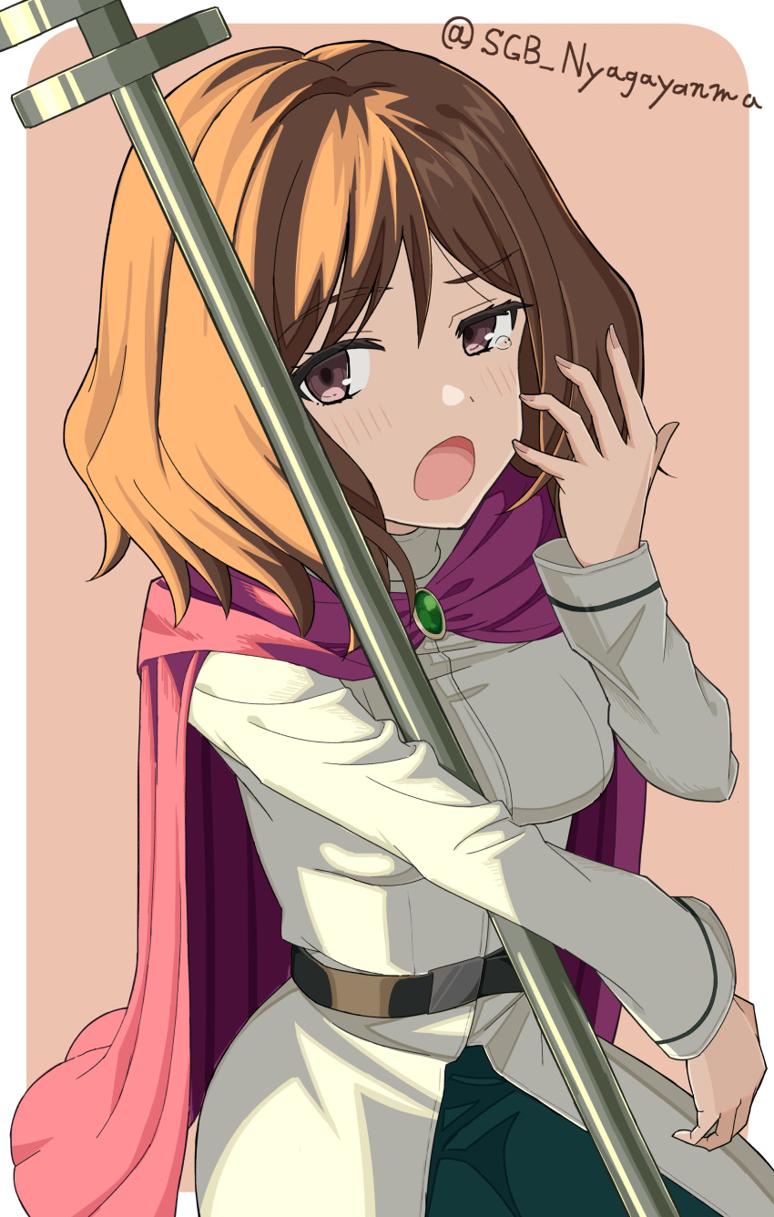 Safebooru - 1girl absurdres artist name belt black belt breasts brooch brown eyes brown hair ...