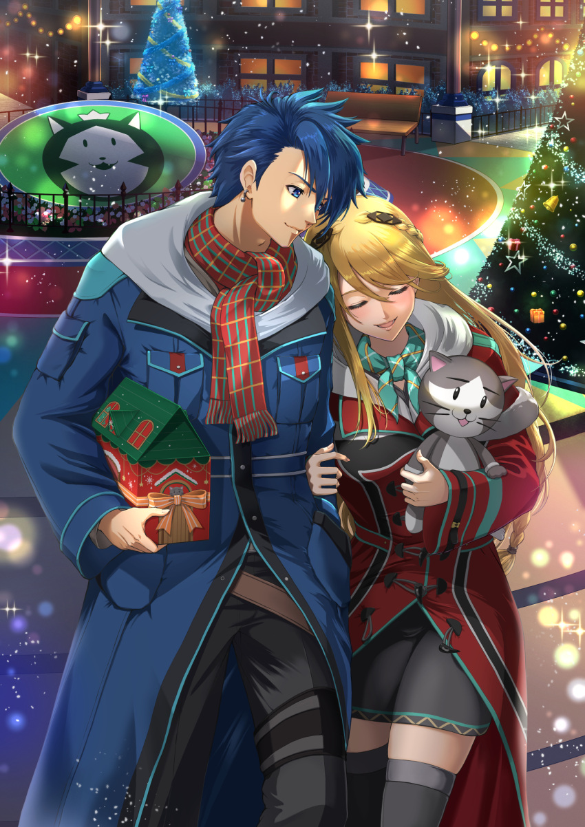Safebooru - 1boy 1girl blonde hair blue eyes blue hair box braid chiga akira christmas christmas ...