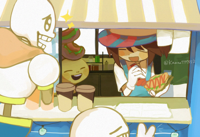 Safebooru - 1other 2boys brown hair closed eyes food food stand frisk ...
