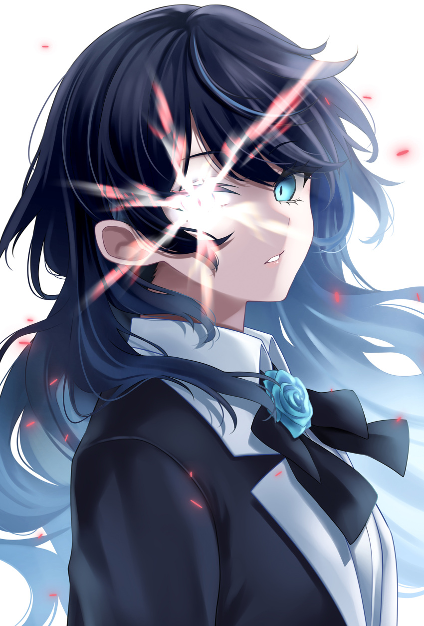 Safebooru - 1girl absurdres ado (utaite) black bow black bowtie black hair blue eyes blue flower ...