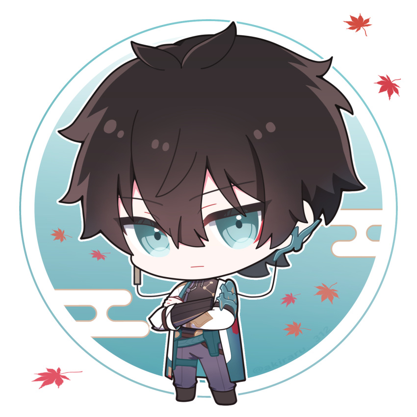 Safebooru - 1boy antenna hair aqua coat aqua eyes big head black ...