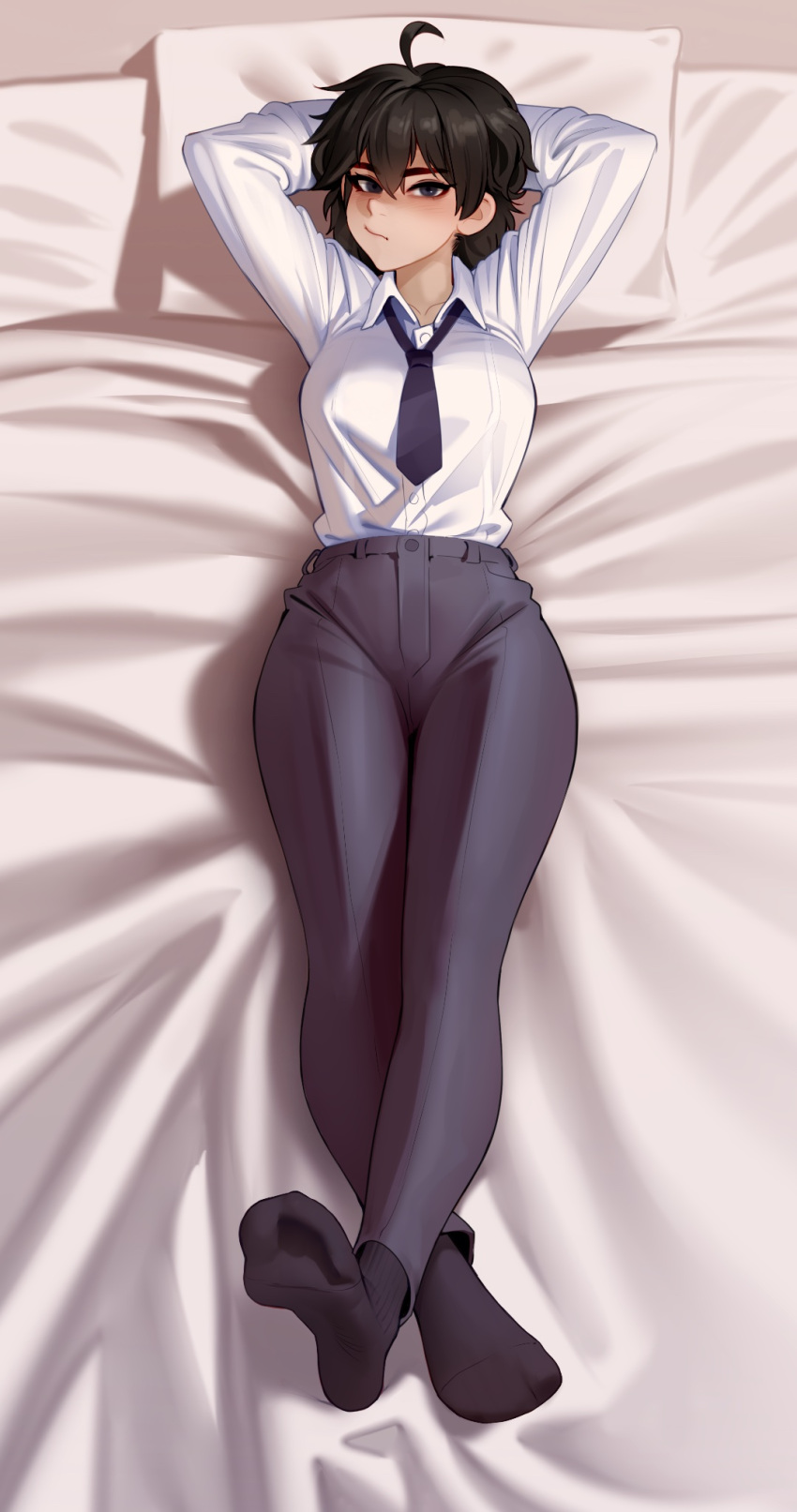 Safebooru - 1girl ahoge arms behind head bed bed sheet black hair black pants blue eyes blush ...