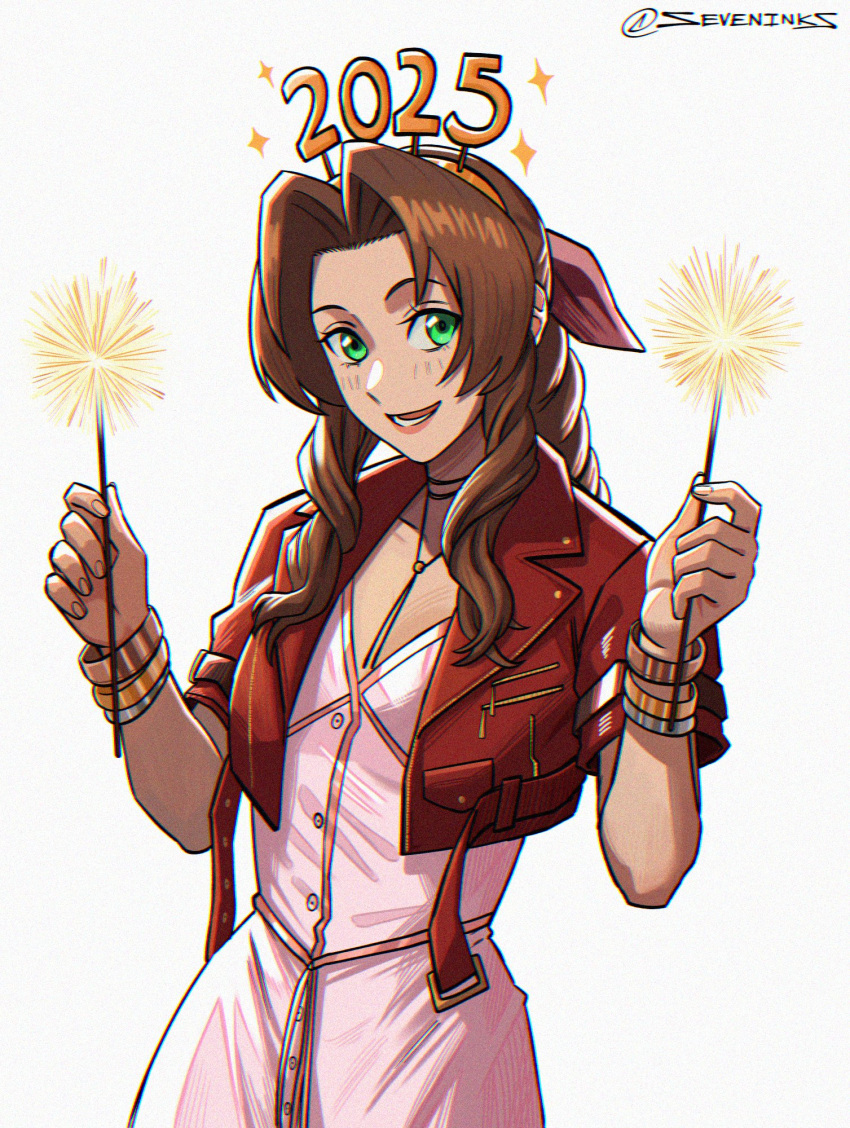 Safebooru - 1girl 2025 aerith gainsborough bangle blush bracelet braid braided ponytail breasts ...