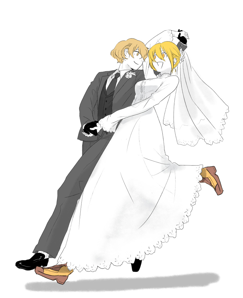 Safebooru - 1boy 1girl absurdres arm up black gloves black jacket black necktie black vest ...