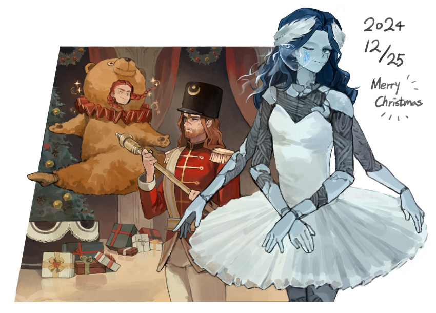 Safebooru - 1girl 2boys absurdres bear blue eyes blue hair blue skin ...