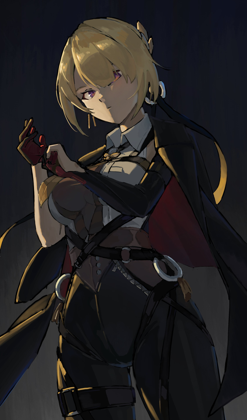 Safebooru - 1girl absurdres aozora 1051 black background black gloves black jacket black pants ...