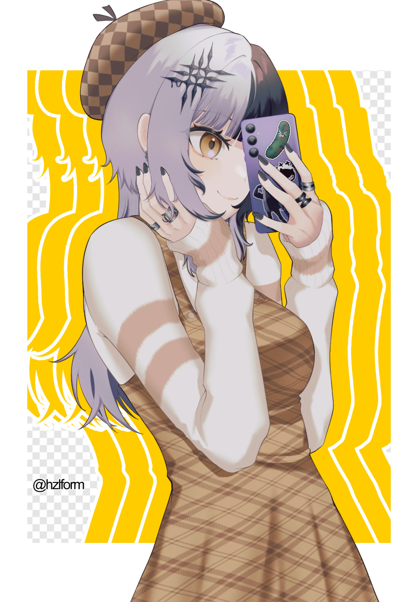 Safebooru - 1girl absurdres beret black hair black nails brown dress dress grey hair grey ...