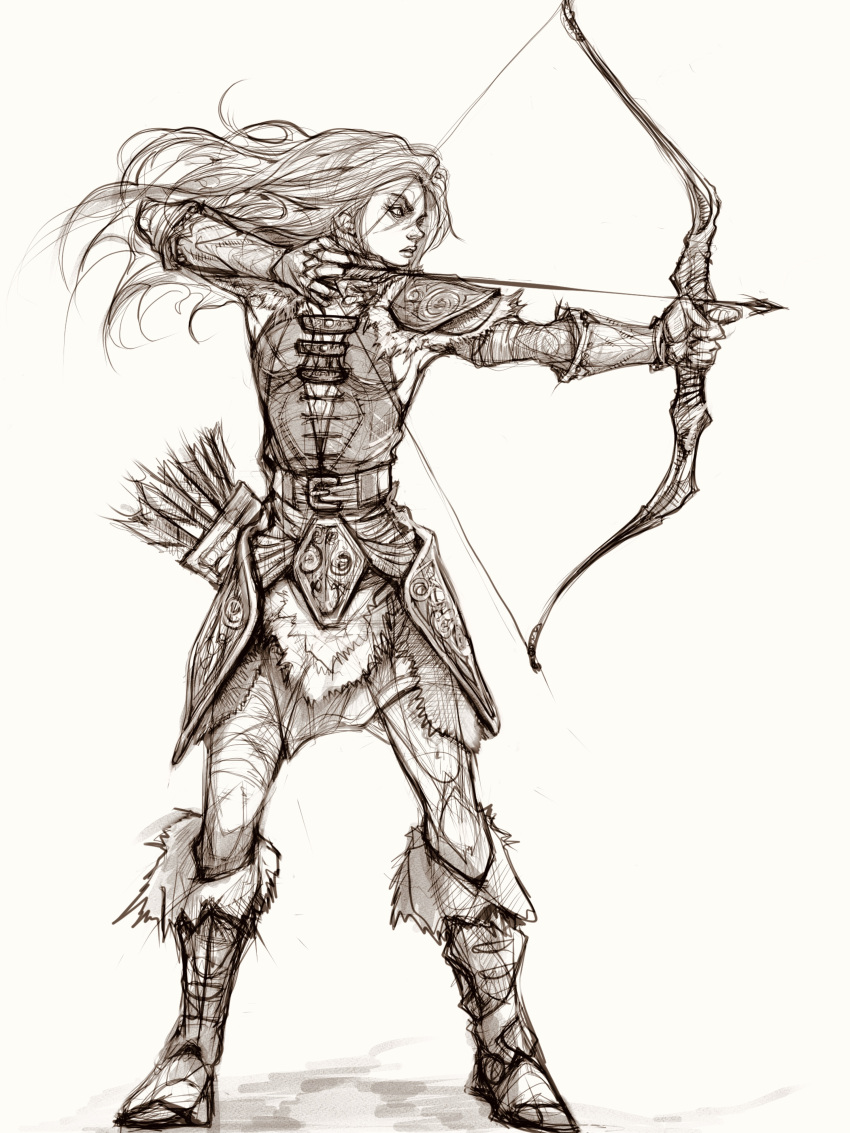 Safebooru - 1girl absurdres aela the huntress aiming armor arrow (projectile) boots bow (weapon ...