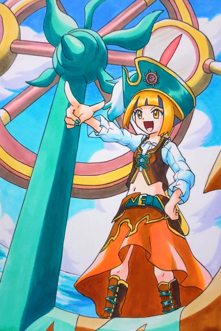 Safebooru - 1girl :d alternate costume anchor belt black hair blue sky ...