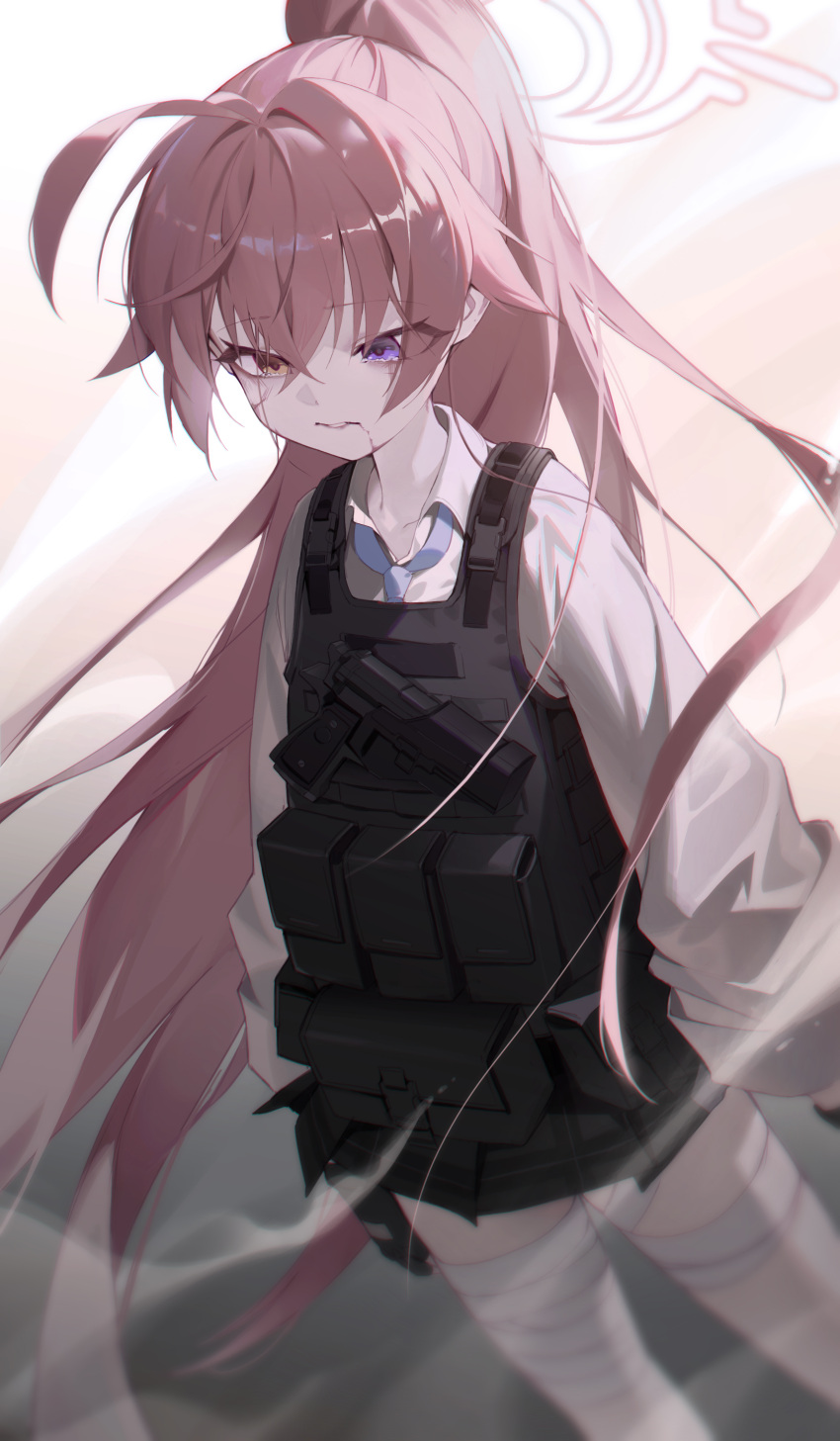 Safebooru - 1girl absurdres ammunition pouch bandaged leg bandages blood blood on face blue ...