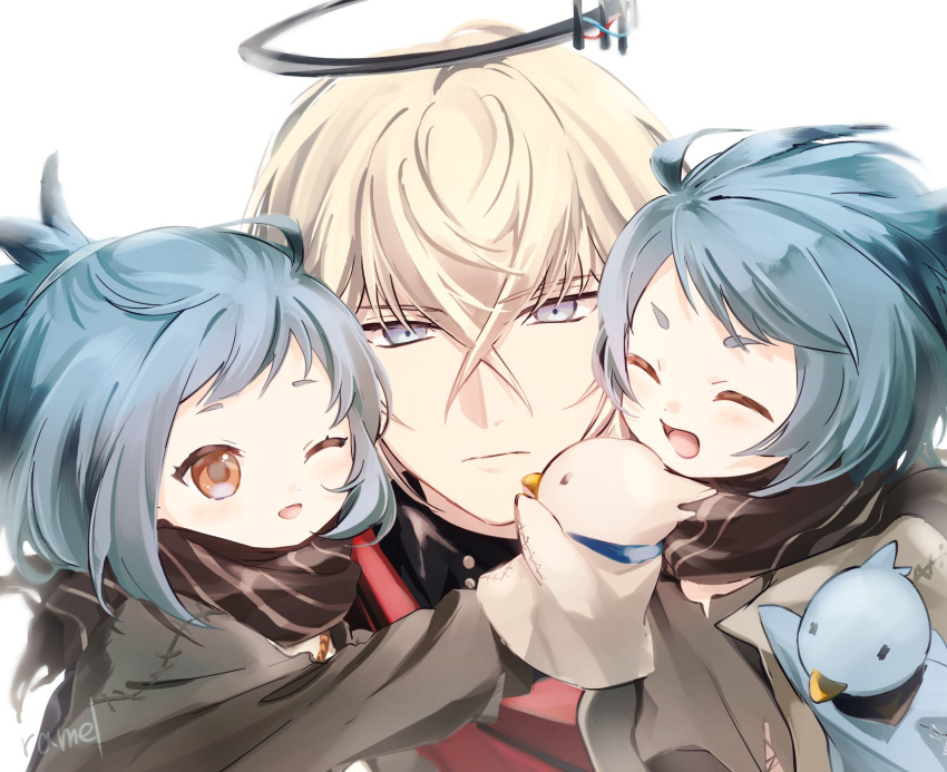 Safebooru - 1girl 2boys arknights artist name blue hair child closed ...