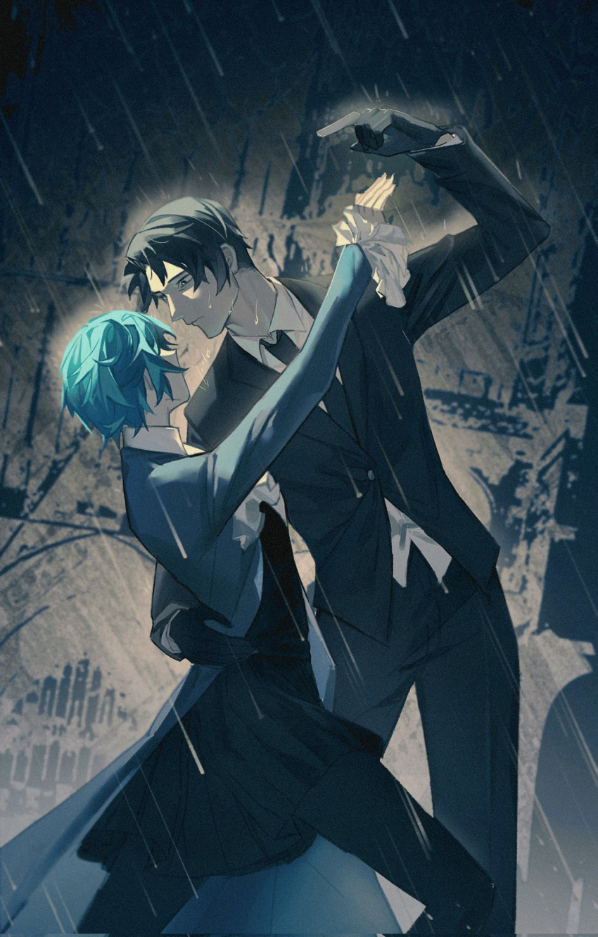 Safebooru - 1boy 1girl angela (project moon) arm up black gloves black hair black jacket black ...