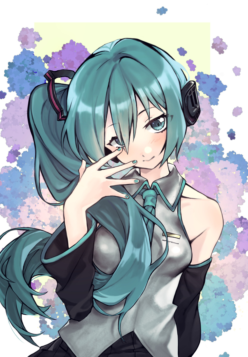 Safebooru - 1girl aqua eyes aqua hair aqua nails black sleeves blue background breasts chinese ...