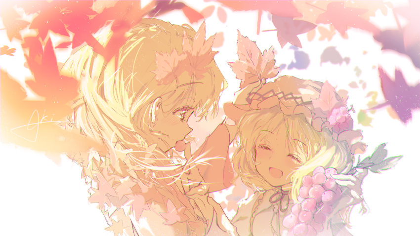 Safebooru - 2girls absurdres aki minoriko aki shizuha autumn leaves blonde hair blurry check ...