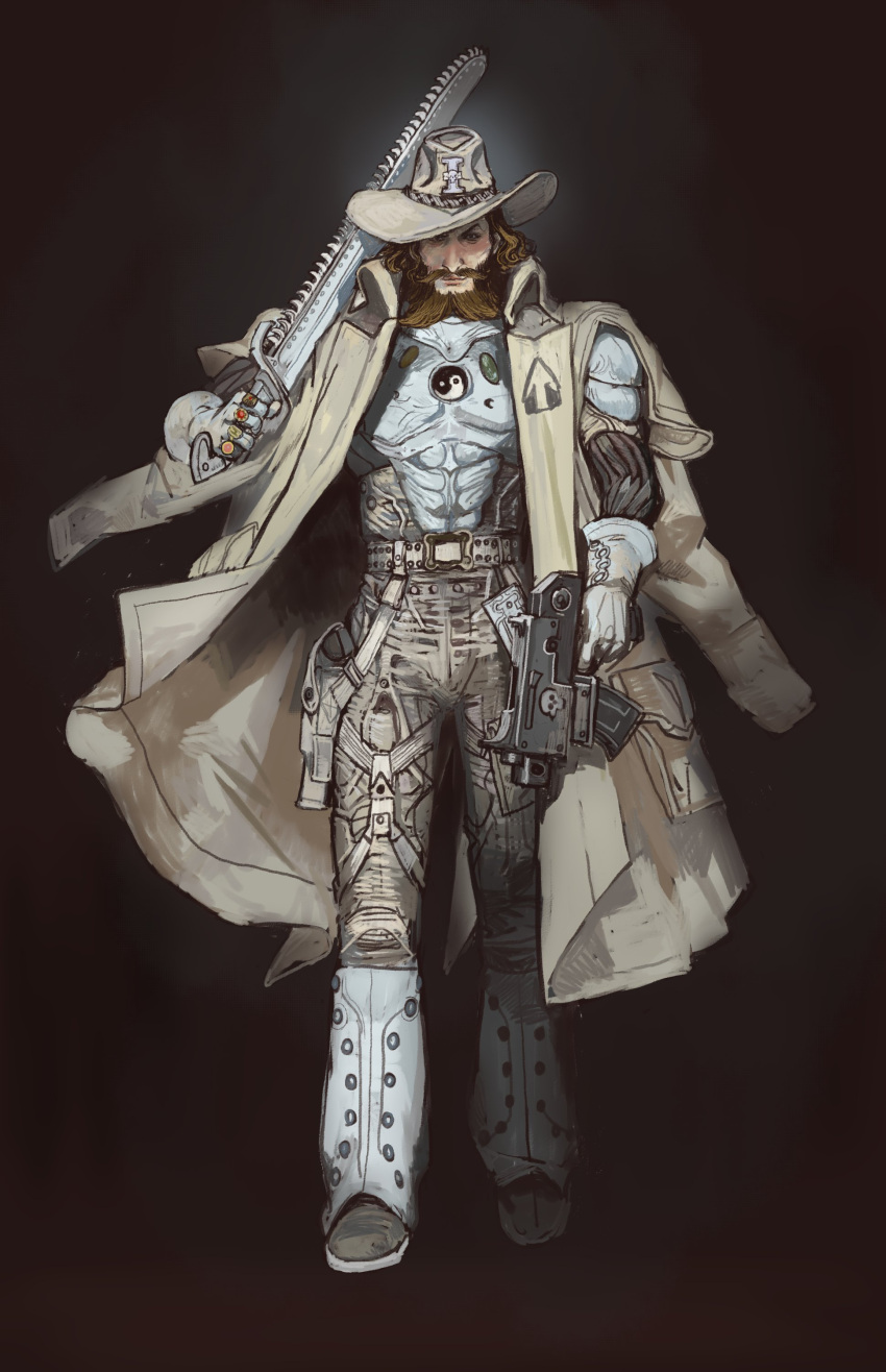 Safebooru - 1boy absurdres armor beard black background bolter brown ...