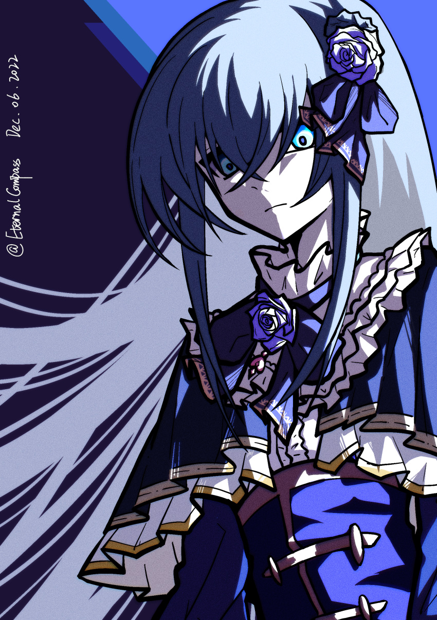 Safebooru - 1girl 2024 absurdres arcaea black hair blue background blue flower blue rose dated ...