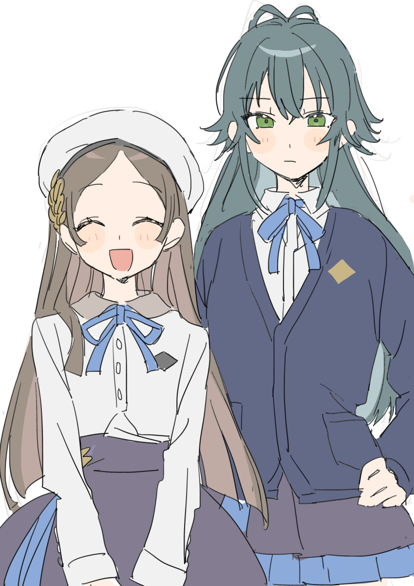 Safebooru - 2girls ^ ^ absurdres antenna hair beret black overskirt blue cardigan blue ribbon ...