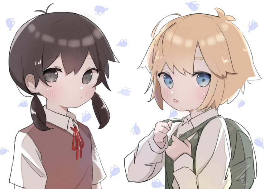 Safebooru - 1boy 1girl absurdres alternate sleeve length antenna hair arms at sides backpack bag ...