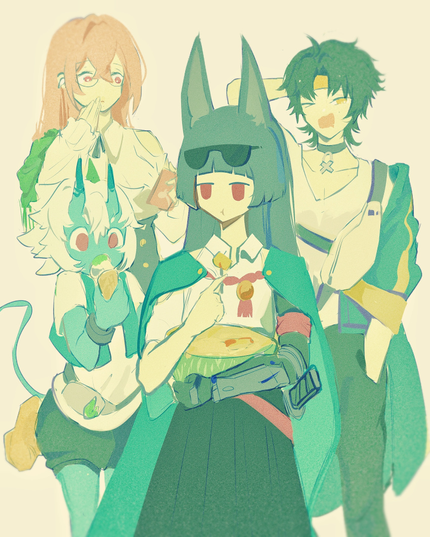 Safebooru - 1boy 3girls absurdres animal ears asaba harumasa black hair black skirt blue skin ...