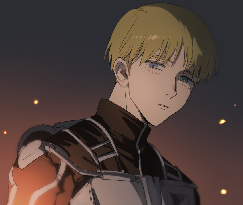 Safebooru - 1boy armin arlert azkn black background black shirt blonde hair blue eyes embers ...