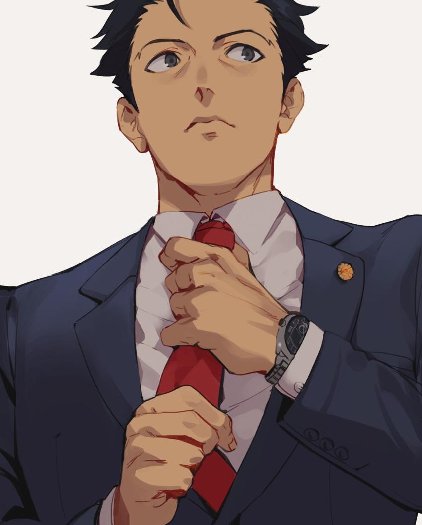 Safebooru - 1boy ace attorney adjusting clothes adjusting necktie arms up black hair blue jacket ...