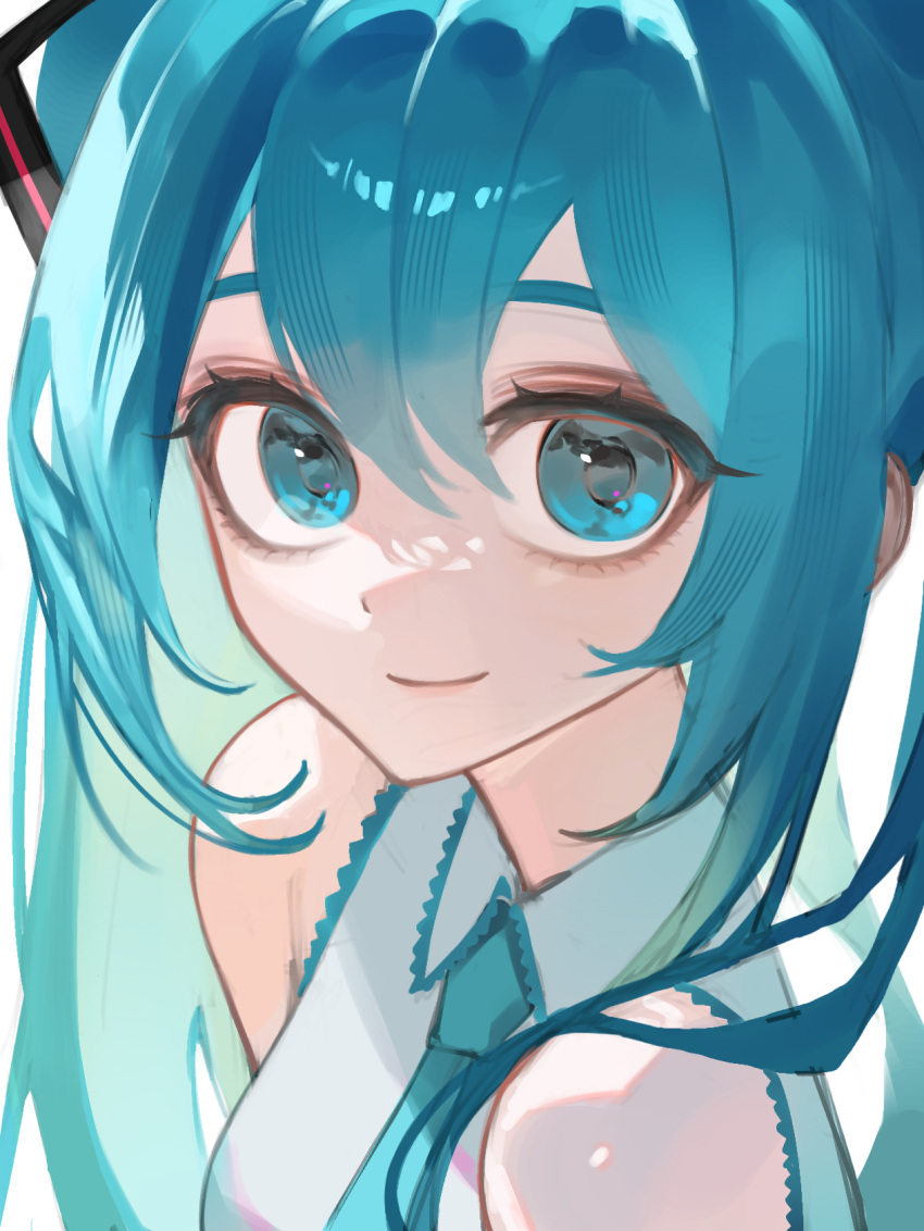 Safebooru - 1girl aegyo sal aqua eyes aqua hair aqua necktie bare shoulders blush collared shirt ...