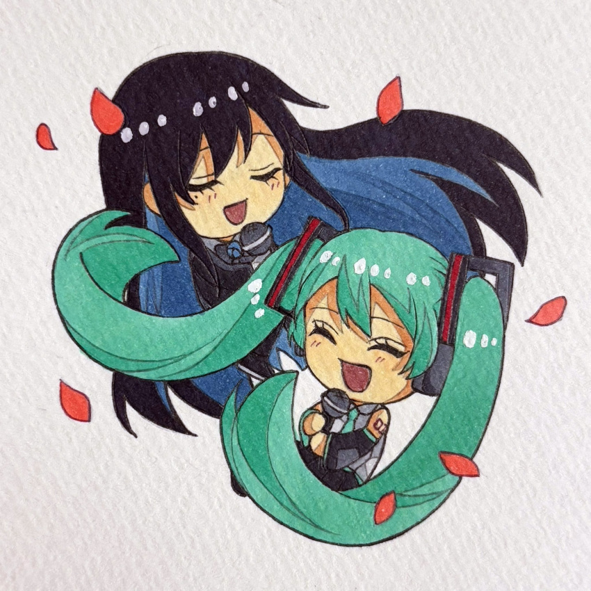Safebooru - 2girls ^ ^ ado (utaite) aqua hair black hair blue hair ...
