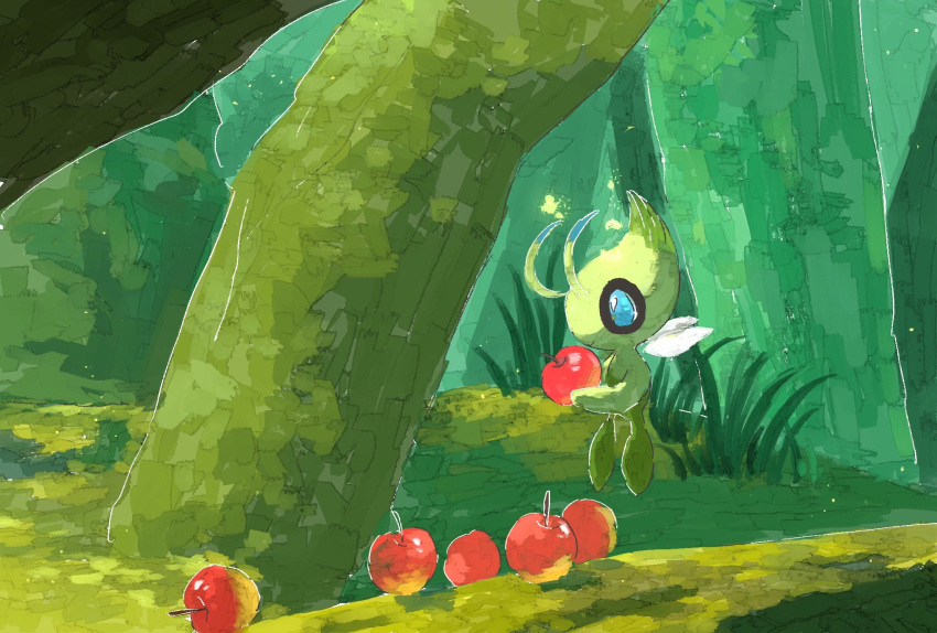 Safebooru - antennae apple blue eyes celebi commentary request food ...