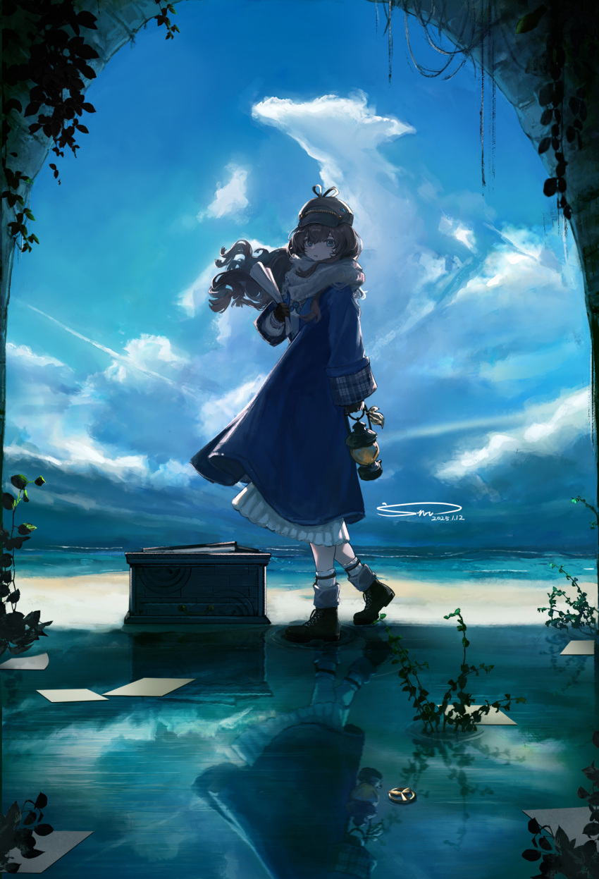 Safebooru - 1girl absurdres backlighting beach blue coat blue eyes blue sky brown footwear brown ...