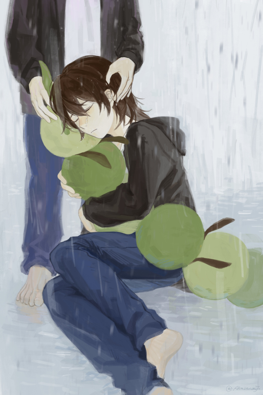 Safebooru - 2boys absurdres barefoot black jacket blue pants brown hair chinese commentary ...