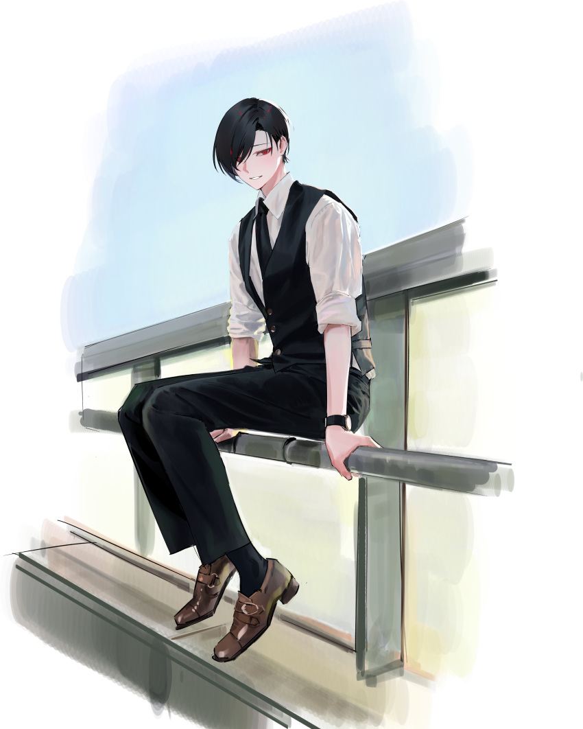 Safebooru - 1boy absurdres ariake (ooe) black hair black necktie black pants black socks black ...