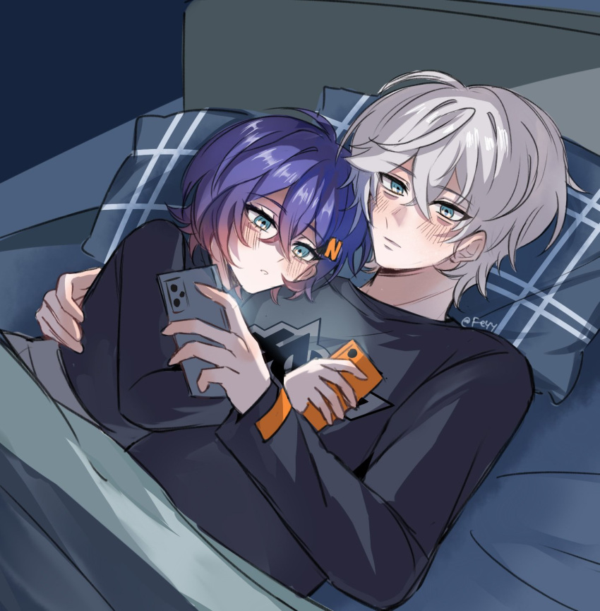Safebooru - 1boy 1girl bed belle (zenless zone zero) black shirt blanket blue hair brother and ...