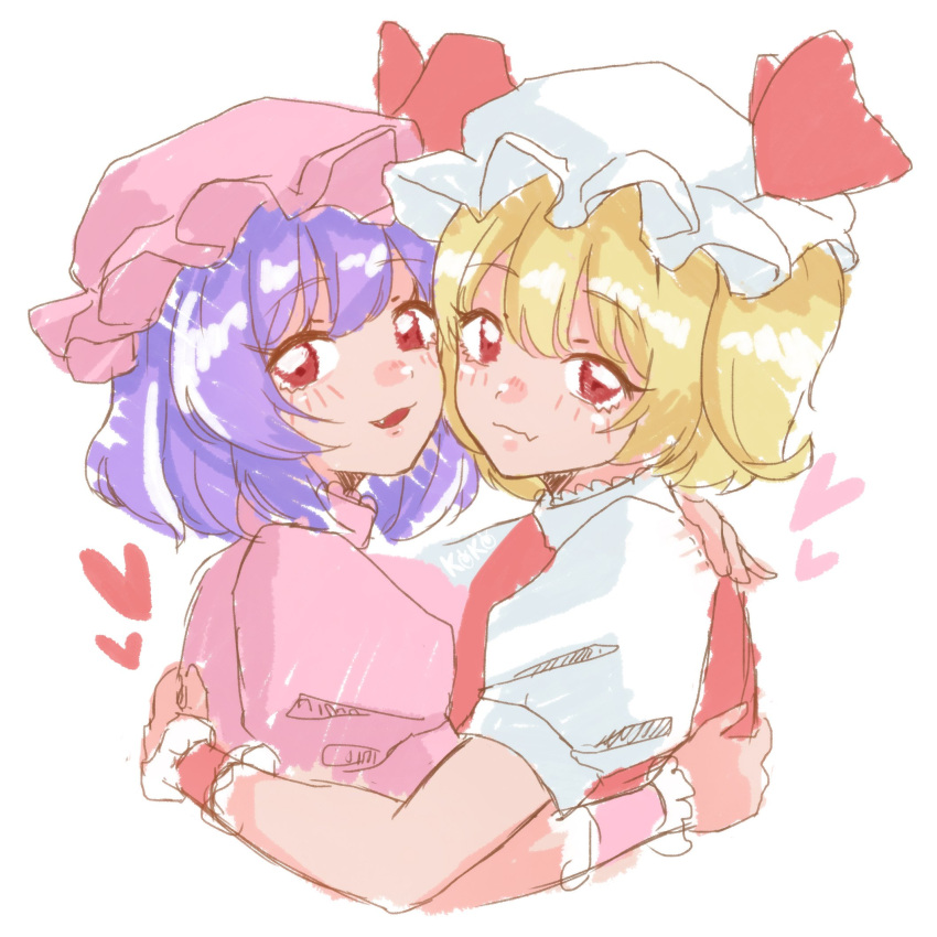 Safebooru - 0002koko 2girls blonde hair blush dress fang flandre scarlet hair between eyes hat ...