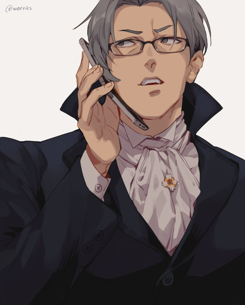 Safebooru - 1boy ace attorney arm up ascot black-framed eyewear black jacket buttons cellphone ...