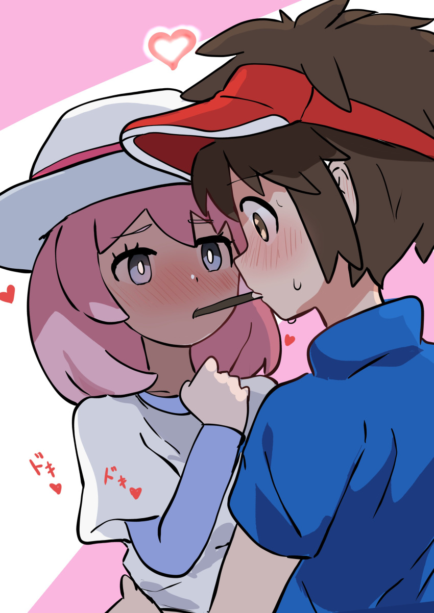Safebooru - 1boy 1girl absurdres blue eyes blush brown eyes brown hair food food in mouth hat ...