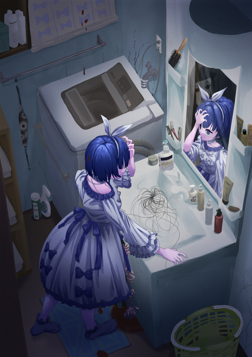 Safebooru - 1girl absurdres ambiguous red liquid bathroom blue hair ...