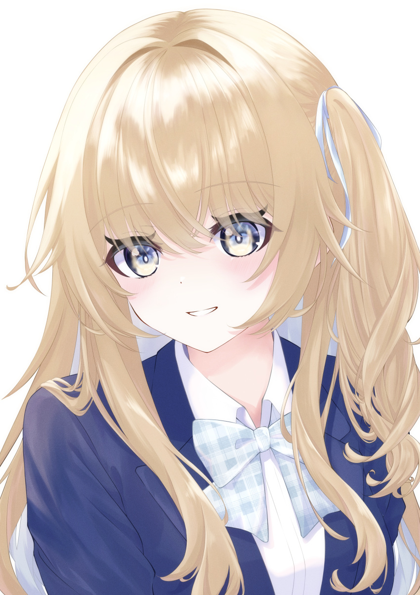 Safebooru - 1girl absurdres blazer blonde hair blue eyes blush checkered ribbon collared shirt ...