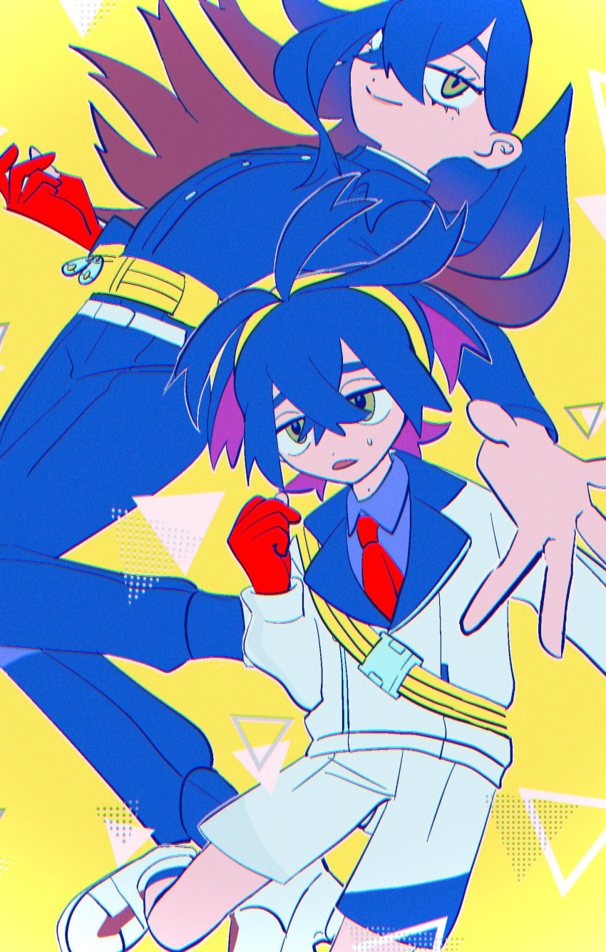 Safebooru - 1boy 1girl bag black hair blue hair blue jacket blue pants ...