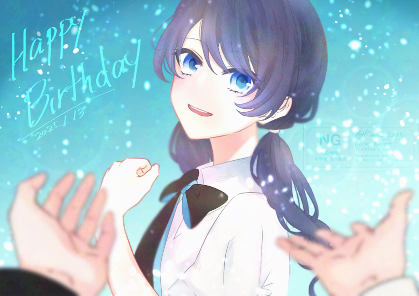 Safebooru - 1girl :d adversarial noise black bow black bowtie blue eyes blue hair bow bowtie ...