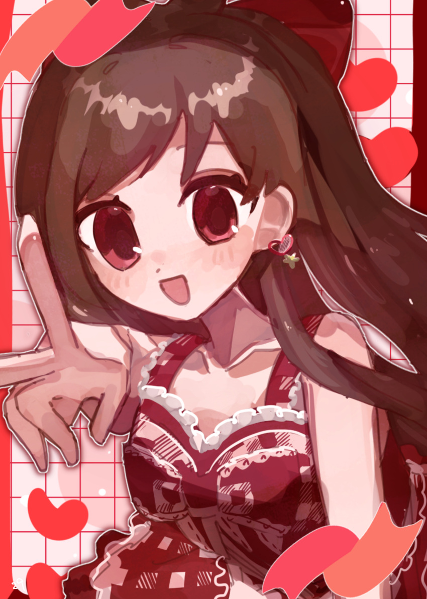 Safebooru - absurdres blush brown hair collarbone commentary request dress earrings grid ...