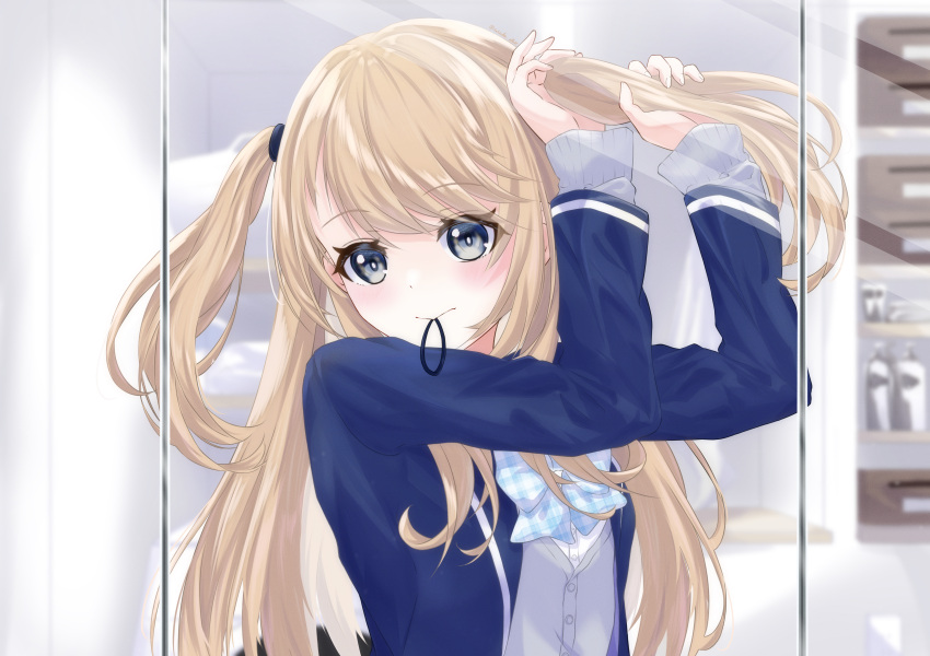 Safebooru - 1girl absurdres blazer blonde hair blue eyes blush cardigan checkered ribbon closed ...