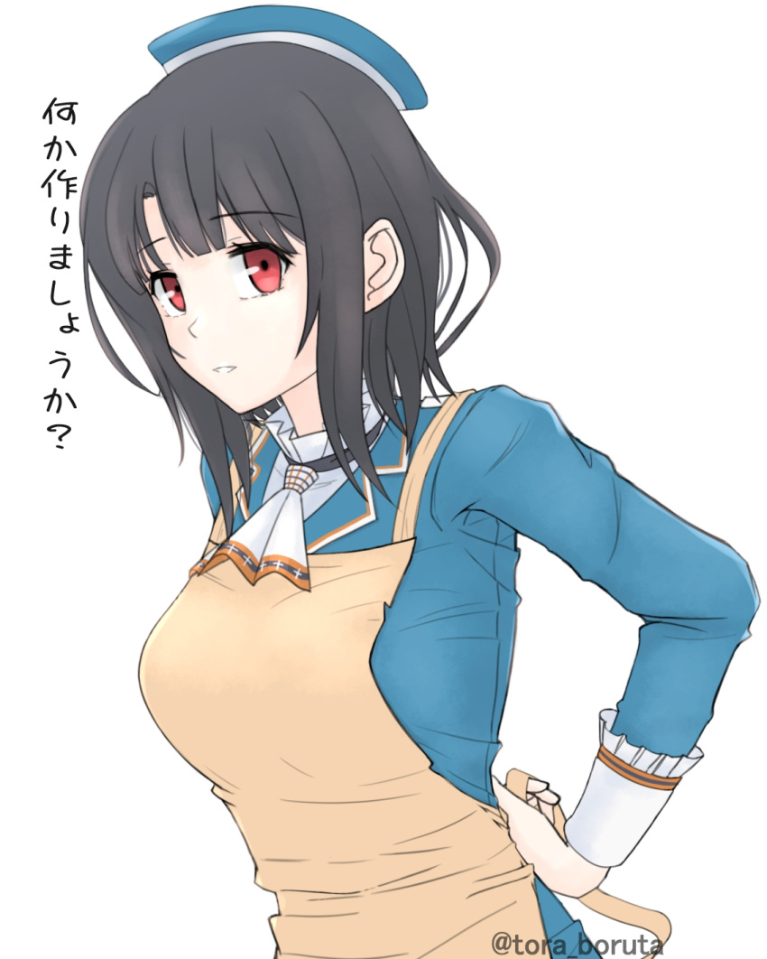 Safebooru - 1girl apron ascot beret black hair blue hat blush breasts hat highres kantai ...
