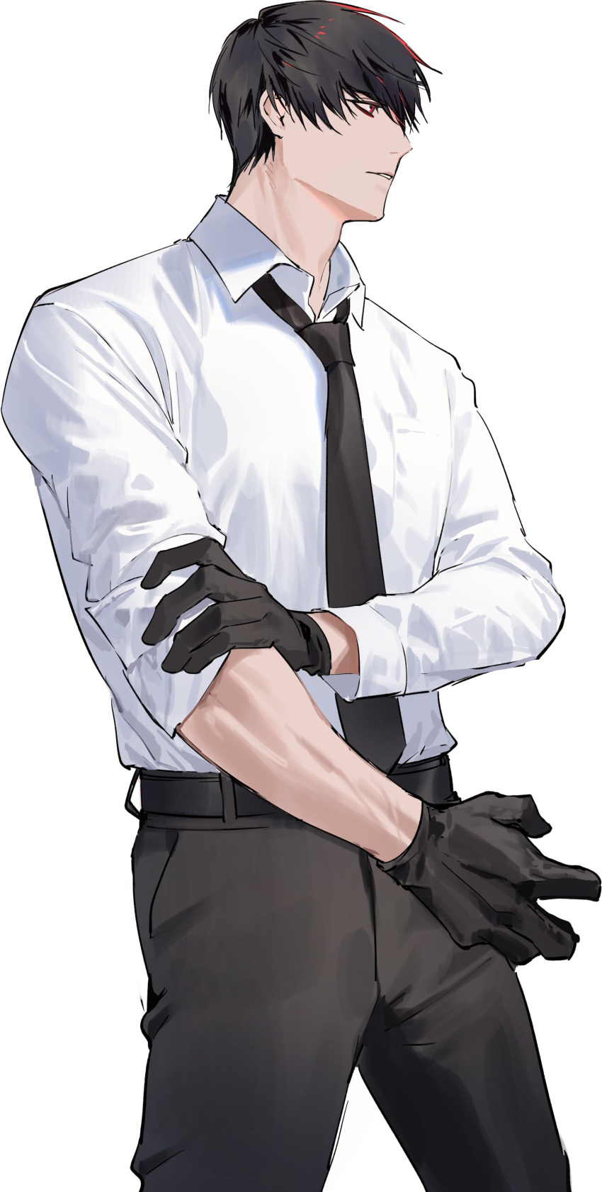 Safebooru - 1boy absurdres belt black gloves black hair black necktie black pants collared shirt ...