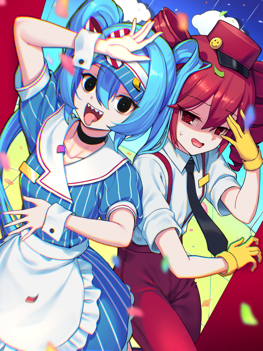 Safebooru - 2girls absurdres black eyes blue hair bow dress drill hair gloves hat hatsune miku ...