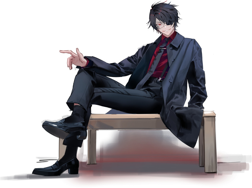 Safebooru - 1boy absurdres bench black footwear black hair black jacket black necktie black ...