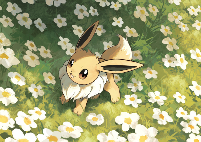 Safebooru - :d brown eyes commentary request day eevee flower grass happy highres kuchiba ...